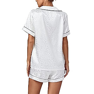 Vrtige Women's Silk Satin Pajamas Leopard Print Button Down Short Sleeve and Shorts Pj Sets White Small