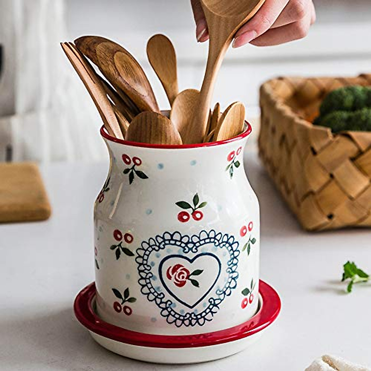 Ceramic Utensil Holder Vintage Style Kitchen Utensil Caddy Antique Design Cooking Utensil Organizer Country Style Utensil Crock for Cooking Enthuziast,White