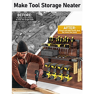 Power Tool Organizer Wall Mount, Tool Storage Rack with 4 Drill Holder, Tool Holder Bears 35lbs, Tool Shelf with Screwdriver, 3-Tier Adjustable Height Tool Rack for Garage Organization and Workshop