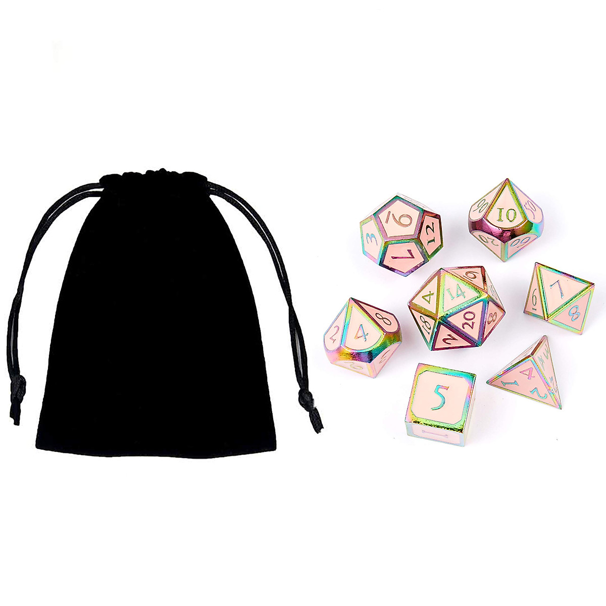 DND Metal Game Dice Set Cream Pink with Rainbow Edge 7pcs Set for Dungeons and Dragons RPG MTG Table Games D4 D6 D8 D10 D12 D20