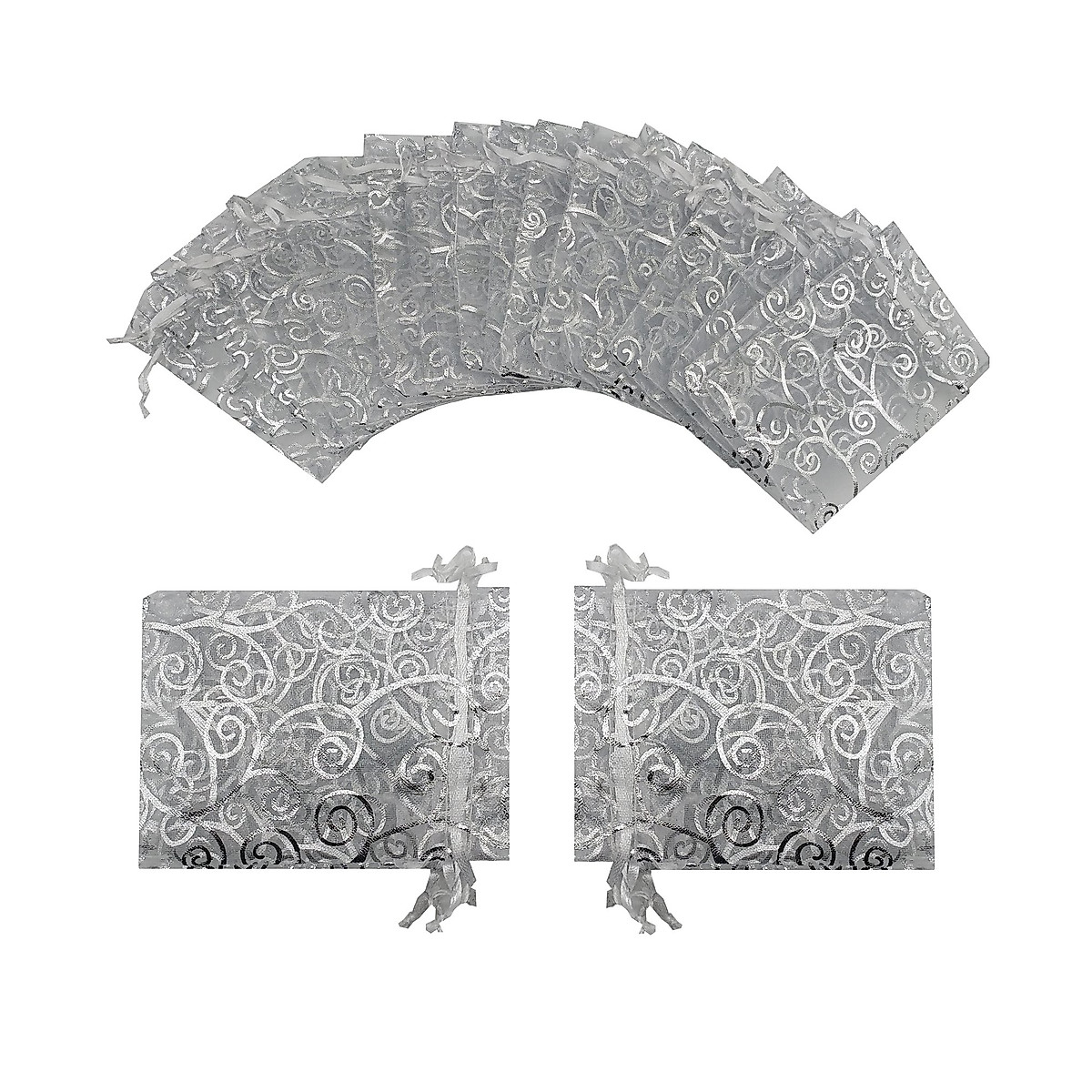 Ankirol 100pcs Sheer Organza Favor Bags for Wedding Baby Shower Rattan Print Gift Bags Samples Display Drawstring Pouches (4x6, Silver)