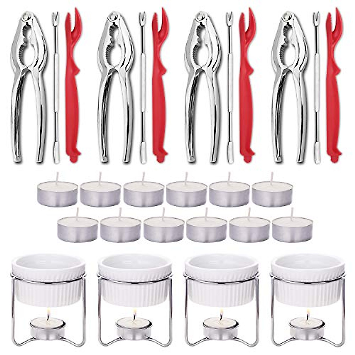 Hiware 28-Piece Crab Crackers and Tools Set - Crab Lobster Leg Crackers and Picks Seafood Tools, Includes Crab Crackers, Butter Warmers, Lobster Shellers, Crab Forks and Tealight Candles