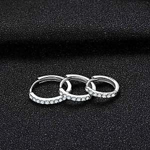3 Pairs Sterling Silver Small Hoop Earrings Cubic Zirconia Cuff Earrings | Tiny Cartilage Huggie Hoop Earrings Piercing Jewellery for Women（8mm 10mm 12mm）