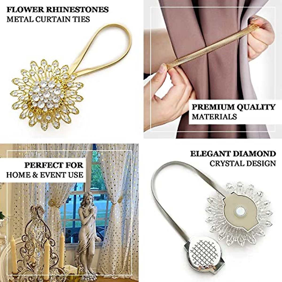 Tableclothsfactory 2 Pack | 4" Gold Crystal Flower Magnetic Backdrop Curtain Tie Backs, Metallic Window Drapery Panel Buckle Clips