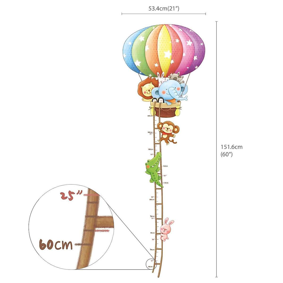 DECOWALL BS-1606 Animal Hot Air Balloon Height Growth Chart Kids Wall Stickers Wall Decals Peel and Stick Removable Wall Stickers for Kids Nursery Bedroom Living Room d?cor
