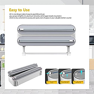 Magnetic Plastic Wrap Dispenser with Cutter - Refillable Aluminum Tin Foil and Plastic Wrap Organizer for Kitchen, Quasziwa Upgraded 3 in 1 Paper Towel Holder Wall Mount - Fits 12" Roll, White