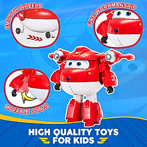Super Wings - 5" Transforming 2-Pack Supercharged Jett & Super Pet Jett Airplane Toys | New from Season 5 | Airplane to Robot | Preschool Birthday Gifts for 3 4 5 Year Old Kids | with Light Effect