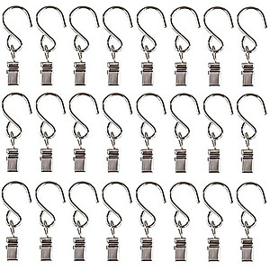 Oubest 50 Pcs S Hook with Clip for Hanging Halloween/Christmas/Party Ornaments-Curtain Clips/String Lights Hangers -Heavy-Duty Nickel-Plated Steel for Indoor/Outdoor Utility & Decor