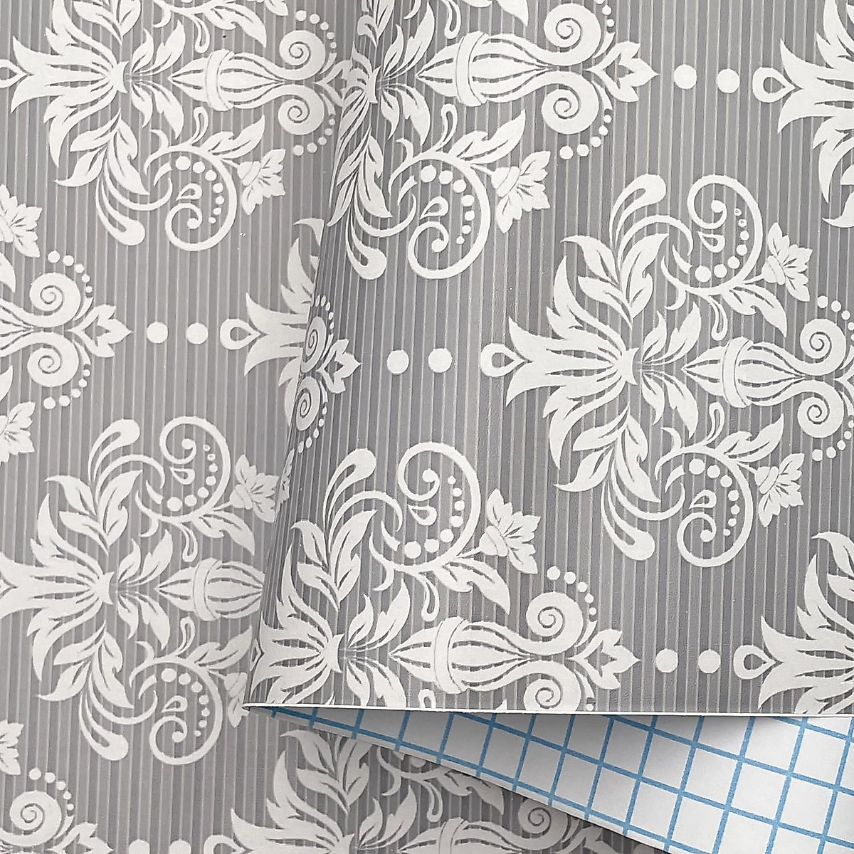 Yifely Gray-White Damask Shelf Liner Peel & Stick PVC Drawer Paper Covering Apartment Old Cabinets Shelves 17.7 Inch by 9.8 Feet Removable Countertop Decor