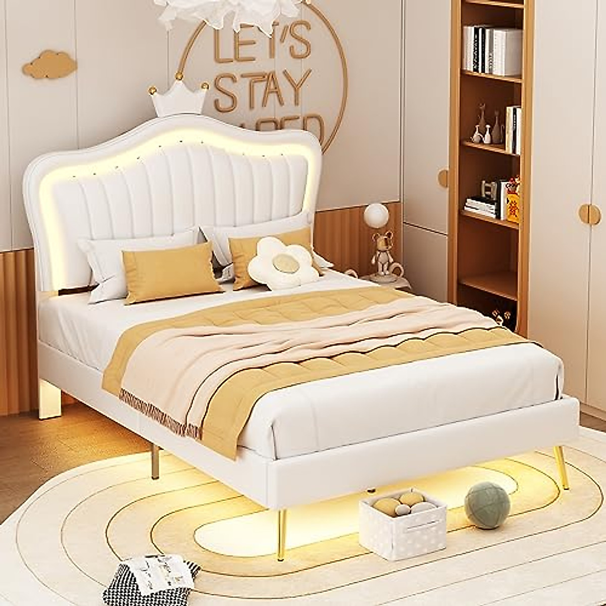 Led Bed Frame, Full Size Upholstered Bed Frame with Led Lights, Modern Upholstered Princess Bed with Crown Headboard & Wooden Slats Support for Teens Boys Girls, No Box Spring Needed (White, Full)