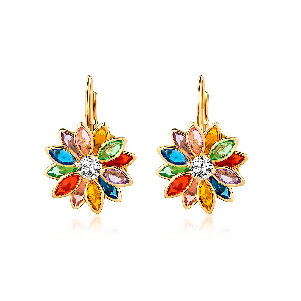 Barzel 18K Gold Plated Flower Earrings - Colorful Lotus Flower Earrings For Women - Made in Brazil