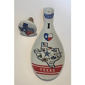 Texas Spoon Rest Ceramic, Texas Souvenir Collectible Spoons Rest And Texas Ceramic Wine Stopper 2 Item Value Pack (I Love Texas With Map Design)
