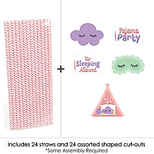 Big Dot of Happiness Pajama Slumber Party - Paper Straw Decor - Girls Sleepover Birthday Party Striped Decorative Straws - Set of 24