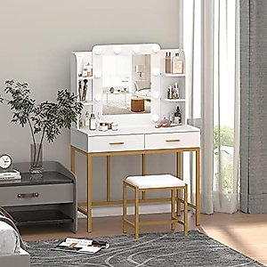 Vabches Makeup Vanity with Lighted Mirror,Vanity Mirror with Lights and Table Set,Vanity Set with 10 LED,Vanity Desk with 3 Lighting Modes and 2 Drawers&Cushioned Stool for Bedroom.