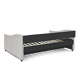 Eafurn Full Size Daybed with Twin Size Trundle,Upholstered Full Bed Frame Sofa Bed with Button and Copper Nail on Waved Shape Arms for Bedroom Guest Room, No Box Spring Needed