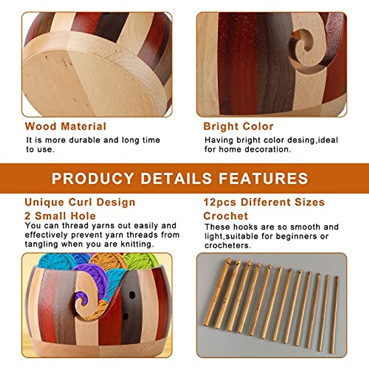 lynn Wooden Yarn Bowl,Wool Storage Crochet Organizer Bowl,with 12pcs Knitting Crochet Accessories, Multicolor (201122XA02#AA#SO#0AU)