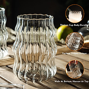 4 Pcs Ribbed Glass Cups With Straws With Lids Set, Water Glasses Set, 18Oz Vintage Drinking Glassware With Wave Shape Design, Bubble Cups for Iced Coffee, Beverage, Milk, Cocktails (18 OZ -A)