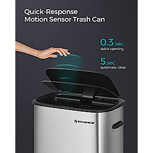 SONGMICS Motion Sensor Trash Can, 13 Gallon Automatic Garbage Can with Soft-Close Lid and Bag Retainer Ring, Stainless Steel, Touchless Kitchen Trash Bin, 15 Trash Bags Included, Silver ULTB610E50