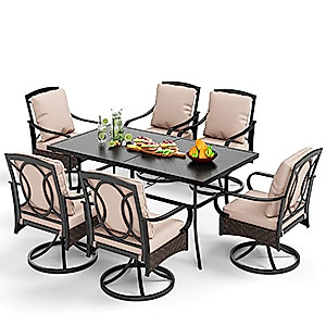 PHI VILLA Outdoor Patio Dining Table and Chairs Set, Heavy Duty 7 Piece Patio Dining Set for 6-6 Extra Large Patio Swivel Chairs, 1 Rectangular 65"x 35"x29" Patio Metal Umbrella Table