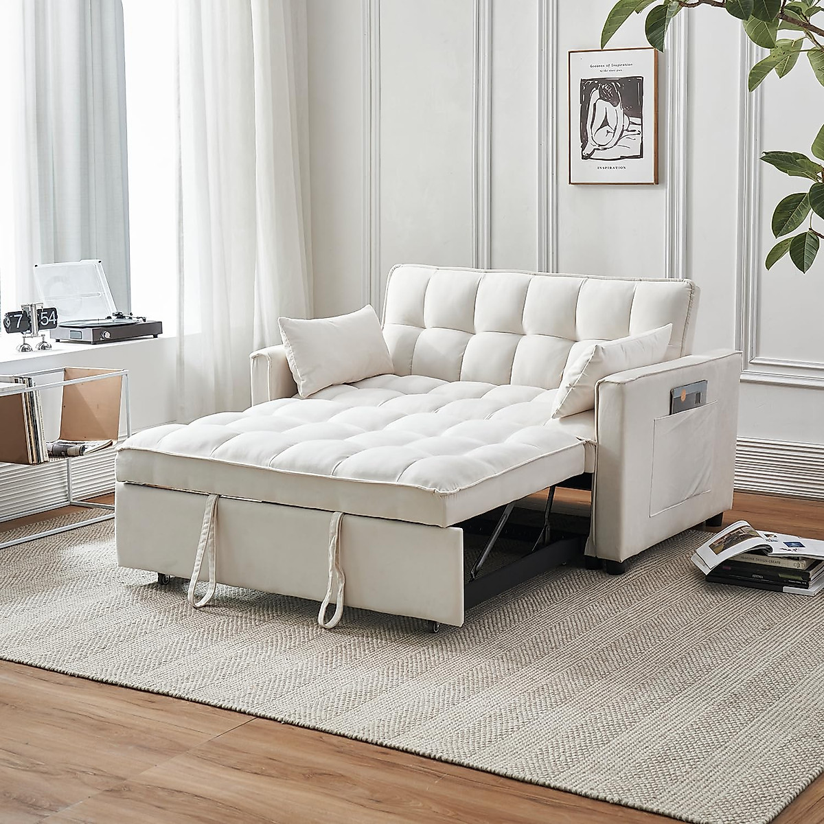 ECHINGLE 54.8'' Sleeper Sofa Bed 3-in-1 Convertible Couch with Pullout Bed, Reclining Backrest, Storage Pockets – Modern Space Lounge Furniture for Living Room, Includes Toss Pillows,Beige