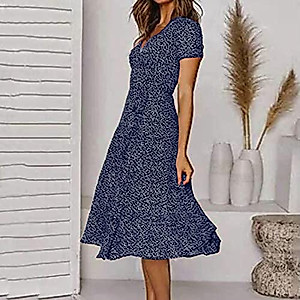 Women Casual Dress Summer Dress V Neck Solid Color Polka Dot Print Dress Short Sleeve Lace Up Tie Sexy Plus Size Dresses