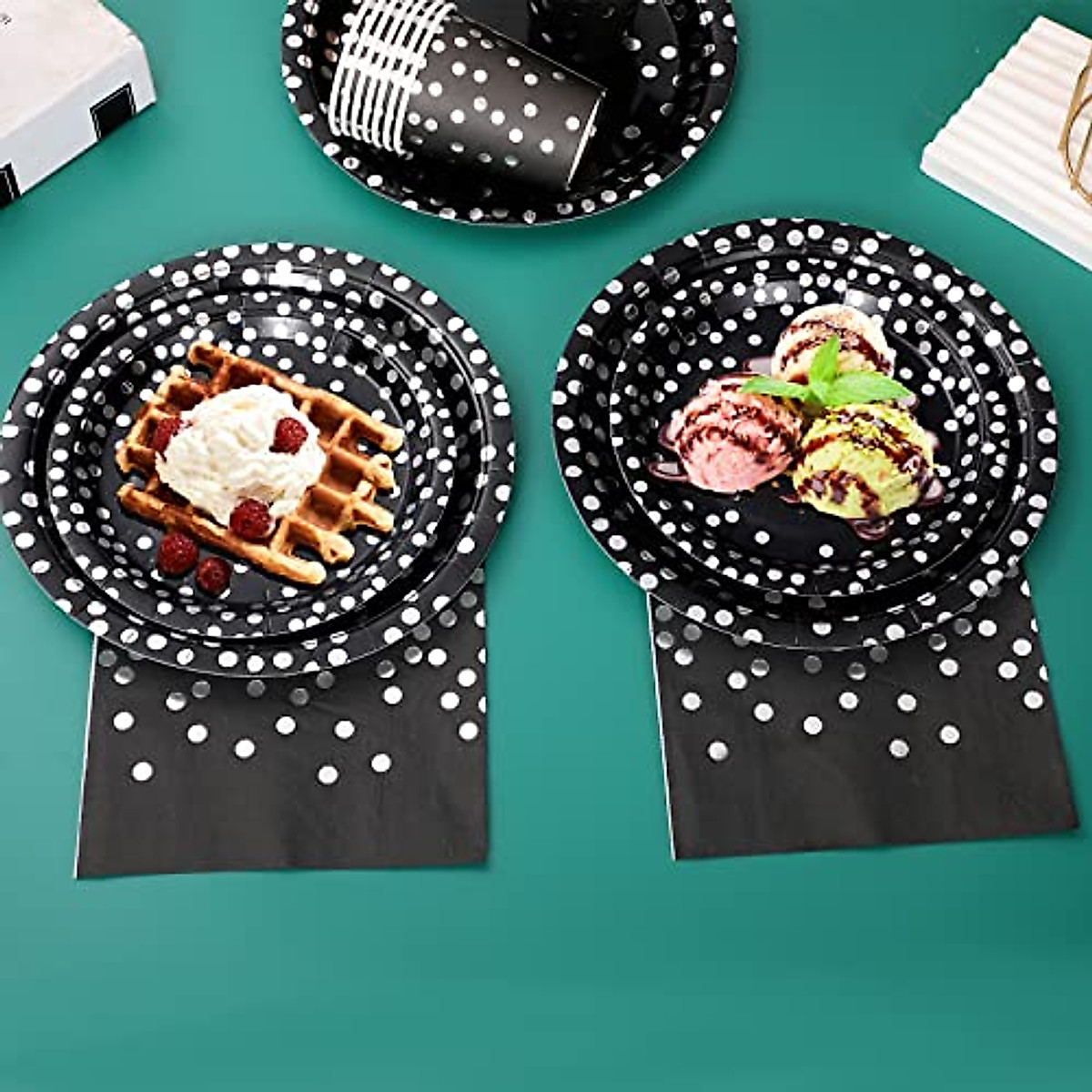 Gudvilla 200Pcs Black & Silver Dot Party Dinnerware for Graduation, Birthday, Retirement & Anniversary