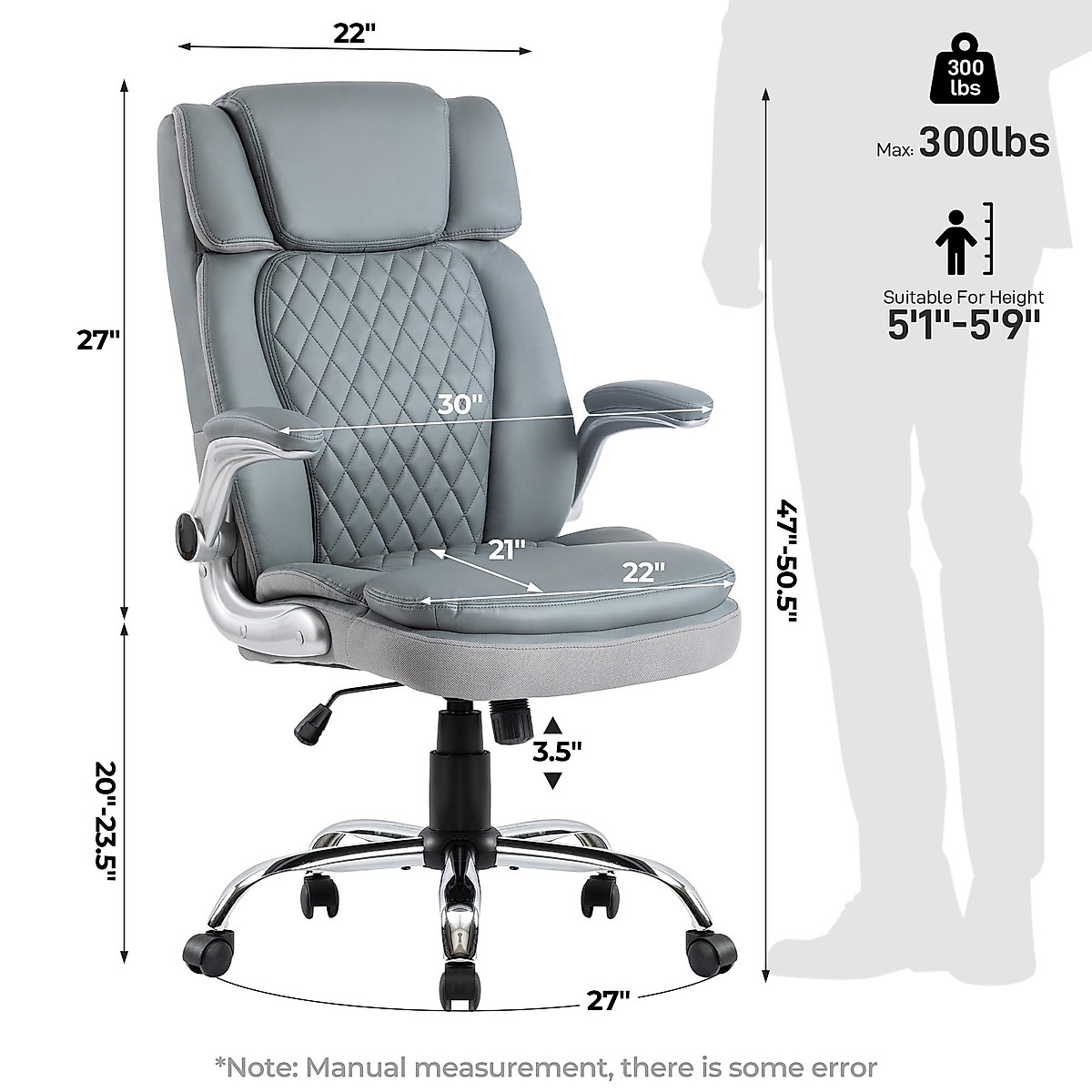HOMYEDAMIC High Back Office Chair with Adjustable Arms, PU Leather Computer Executive Chairs Big Tall Swivel Ergonomic Adjustable Tilt Angle, Thick Seat 7012-Grey