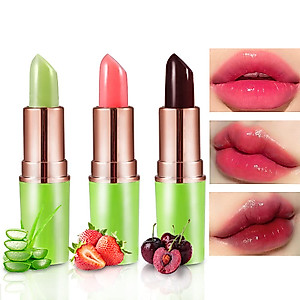 BINGBRUSH Color Changing Lipstick Queen,PH Mood Long Lasting Lip Gloss Korean Lip Balm Tinted Magic Makeup Moisturize Lipstick Set (3Pcs Aloe+Strawberry+Cherry, 3 Count (Pack of 1))