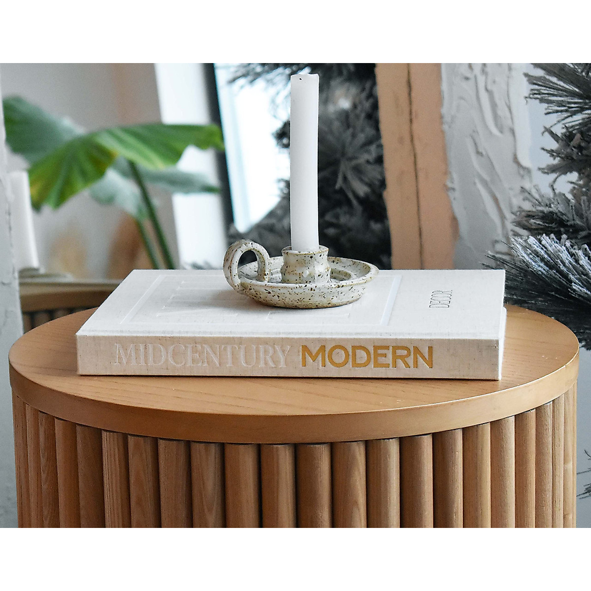 Kigan Home Linen Decorative Book - Real Hardcover Neutral Midcentury Modern - Wooden Bead Garland for Coffee Table Decor, Modern or Boho Home Decor, Shelves, Fireplace Mantel