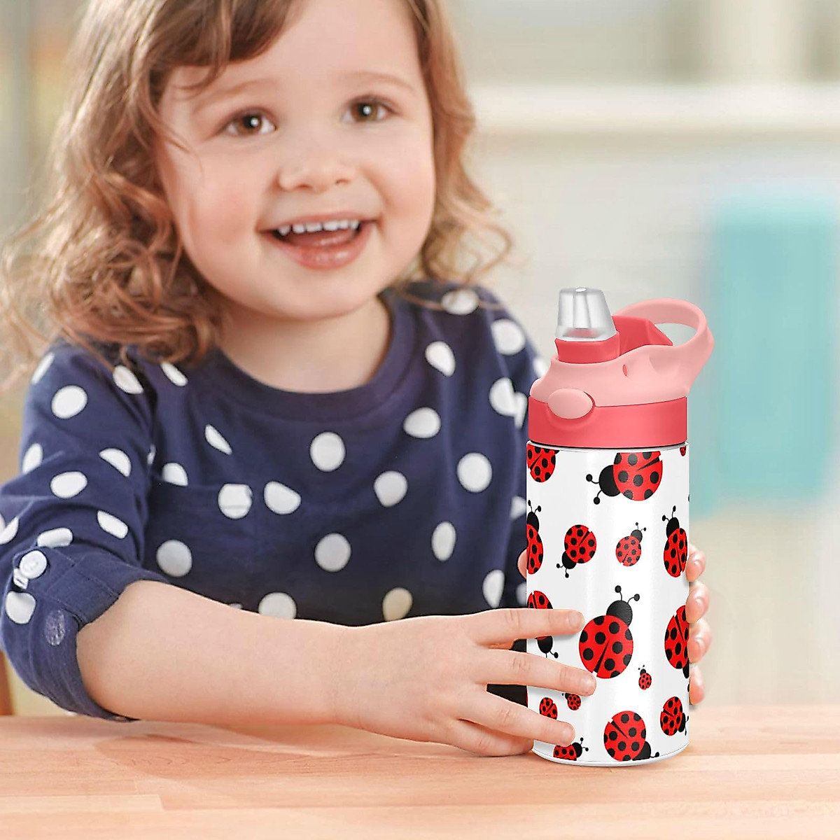 Kigai Ladybug Kids Water Bottle,Insulated Stainless Steel Reusable Metal Thermos Bottles, Leak-Proof Straw Lid, BPA-Free, For Boys,Girls