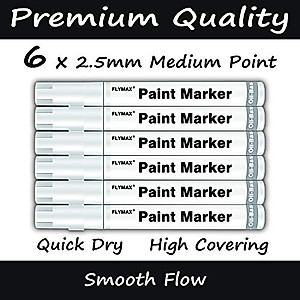 White Paint Pens, 6 Pack 2.5mm Medium Tip White Paint Marker Permanent for Wood Rock Plastic Leather Glass Stone Metal Canvas Ceramic Fabric Tire Paint Marker Oil Based