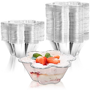 SOUJOY 100 Pack Ice Cream Cup, 8.5Oz Clear Flower Shape Appetizer Bowl, Disposable Plastic Dessert Serving Bowl for Sundae, Chocolate, Appetizers