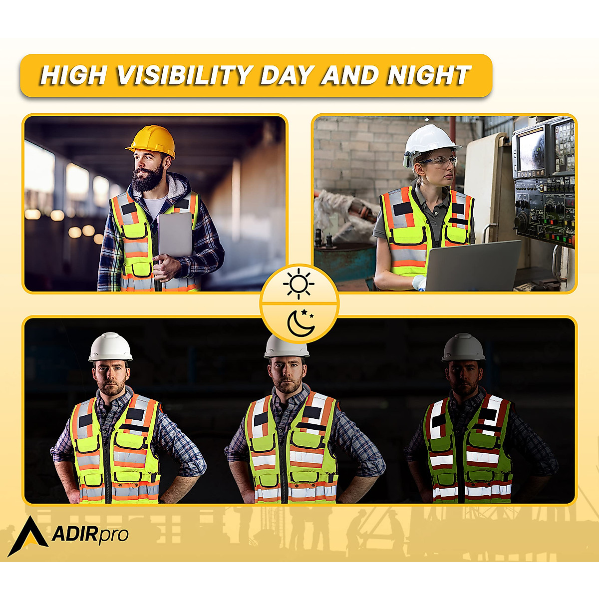 AdirPro Safety Vest - High Visibility Reflective with Zipper and Utility Pockets for Surveyors Engineers Class 2 Construction Workers, Fluorescent Yellow, 10