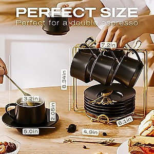 Lareina Espresso Cups with Saucers, Spoons and Metal Stand, Small 4 oz Ceramic Cappuccino Coffee Cups Set of 6, Cute Demitasse Cups with Handle for Nespresso Lungo, Double Espresso, Cortado(Black)