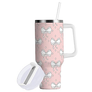Bseiialft 40 oz Tumbler with Handle White Bow Star Pink Water Bottle with Lid and Straw Vacuum Insulated Cup Stainless Steel Travel Coffee Mug for Home Office Car