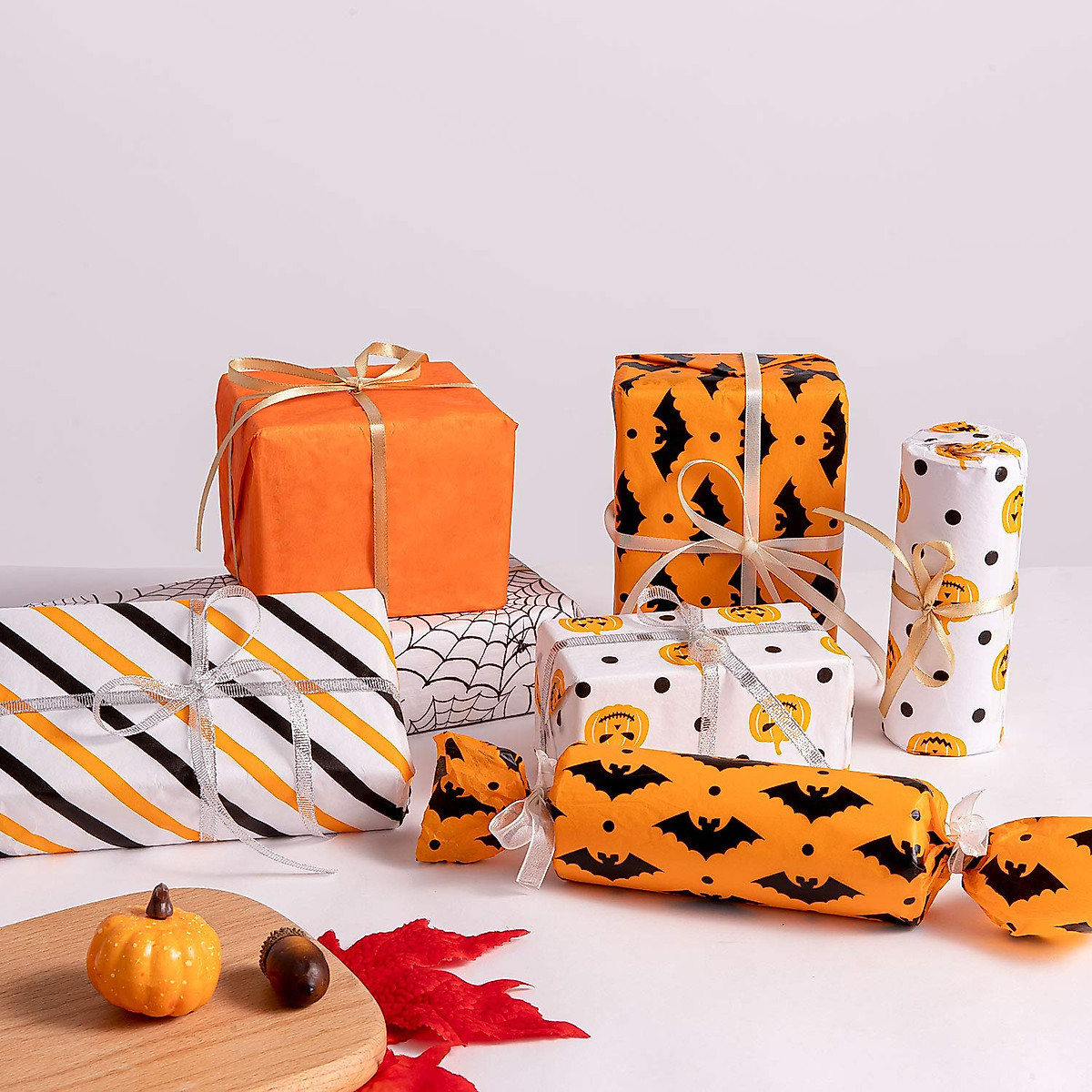 Whaline 120 Sheets Halloween Tissue Paper Black Orange Wrapping Paper Bat Pumpkin Web Spider Art Paper Crafts for Halloween Fall Birthday Wedding Party Gift Bag DIY Pompom Confetti (6 Designs)