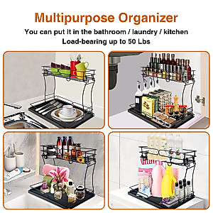 Pull Out Cabinet Organizer 2 Tier Under Sink Slide Out Kitchen Cabinet Storage Shelf Metal Sliding Storage Basket Drawer for Kitchen Bathroom Pantry Cabinet, Request at Least 11 inch Cabinet Opening