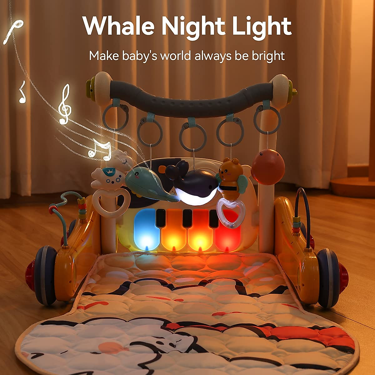 Baby Play Mat Gym,4-in-1 Baby Kick and Play Piano Tummy Time Mat Learning Walker-Musical Activity Center with Lights Seat and Push Walkers Ideas for Baby Newborn 0-6-12 18 Months Boy Girl