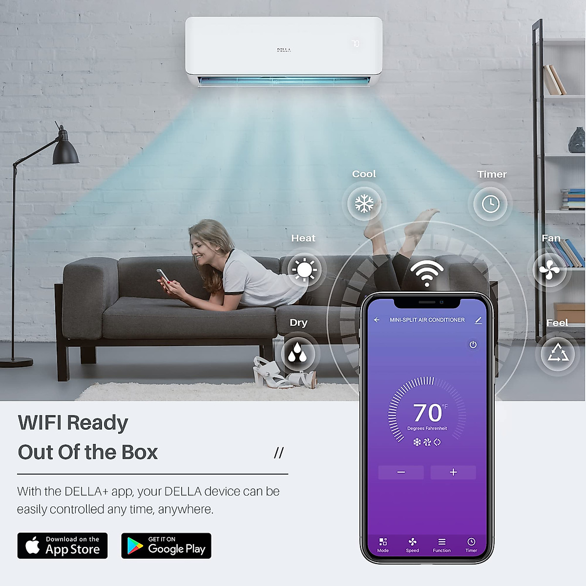 DELLA 12000 BTU Wifi Enabled Mini Split Air Conditioner & Heater Ductless Inverter System, 17 SEER 110-120V Energy Efficient Unit w/ 1 Ton Heat Pump, Cools Up to 550 Sq. Ft. (FZ Series)