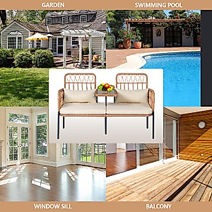 HOMEZILLIONS Outdoor Loveseat 2 Pieces Patio Furniture Set, Porch Furniture Wicker Large Loveseats, Patio Conversation Sets with Cushions & Lumbar Pillows and Built-in Table