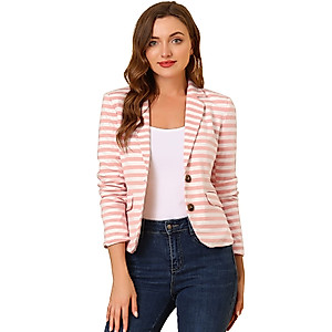 Allegra K Women's Notched Lapel Pocket Button Closure Striped Blazer Medium White Pink