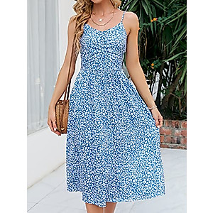 YATHON Boho Sleeveless Casual Midi Summer Dress V Neck Elastic Waist Floral Print Boho Midi Swing Homecoming Party Long Dresses (YT202-Blue W Pattern 01,S)