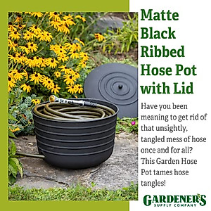 Gardener's Supply Company Garden Hose Pot with Lid | Matte Black Low Carbon Steel Watering Hose Storage with Hose Access Port | for Outdoor Garden, Backyard, & Patio | Holds 100ft Hose