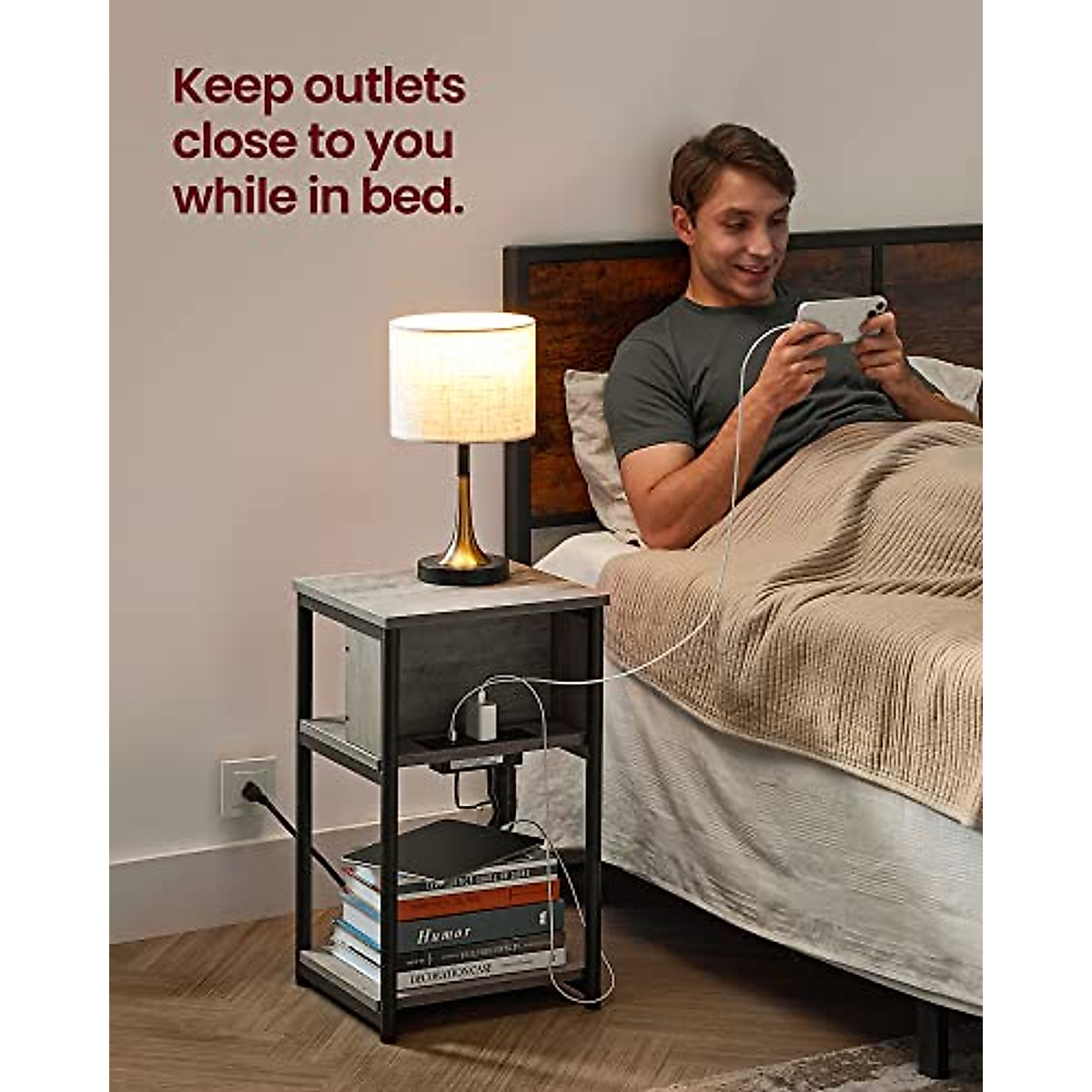 VASAGLE Side Table with Charging Station, 3-Tier End Table with USB Ports and Outlets, Nightstand for Living Room, Bedroom, 11.8 x 13.4 x 22.8 Inches, Plug-in Series, Greige and Black ULET373B02