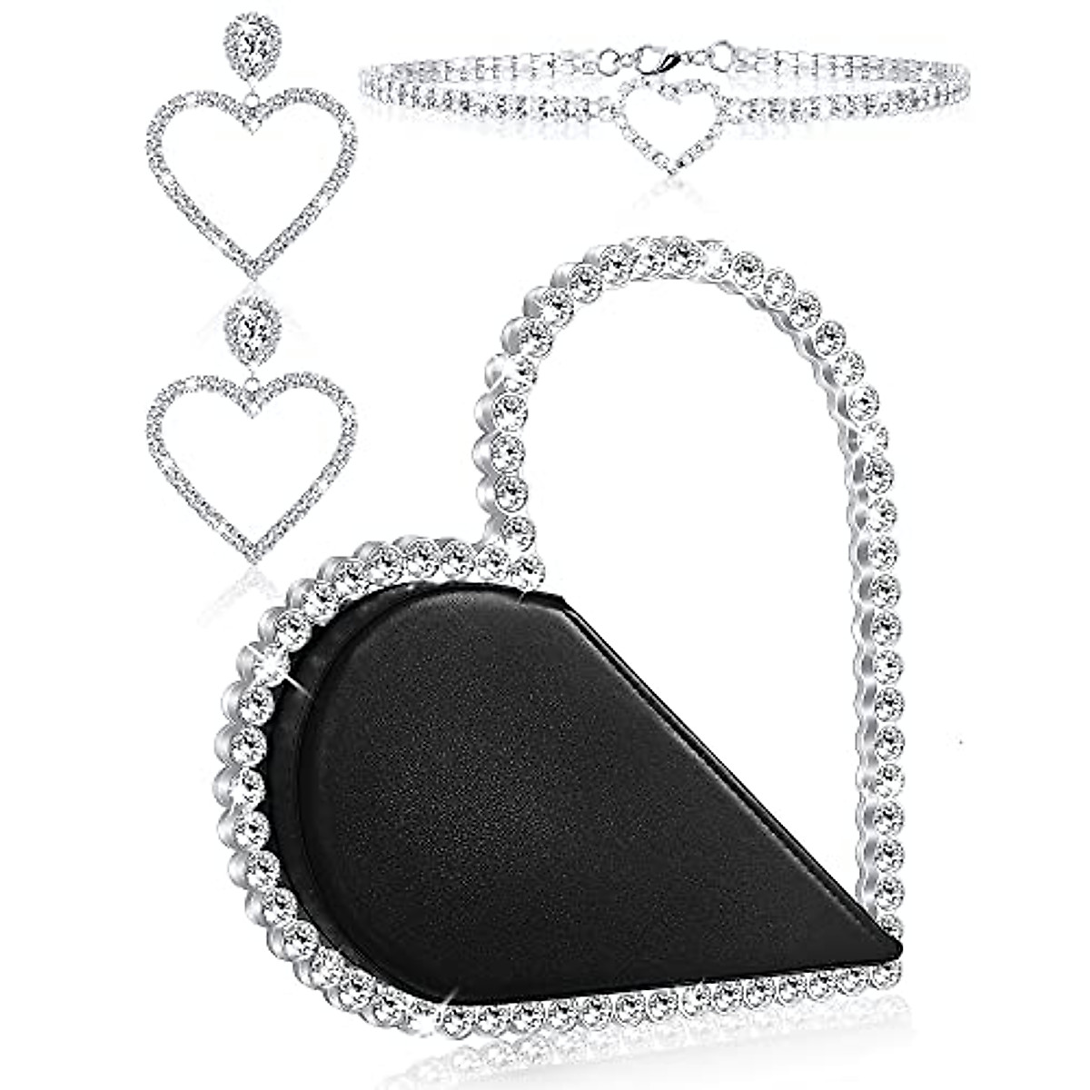 Henoyso Cute Mini Heart Shape Women Evening Clutch Bag Rhinestone Choker Necklace Heart Earrings for Valentine's Day Gift (Black)