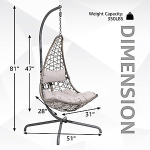 COBANA Hanging Egg Chair with Stand, Indoor Outdoor Patio Wicker Swing Chair with Cushion for Outside, Bedroom, Porch, Gray