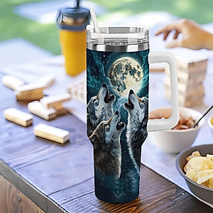Foxcorner Personalized Wolf 40oz Tumbler with Handle and Straw Gifts for Wolf Lovers, Father's Day Cool Gifts For Him, Men, Birthday Gift Ideas, Custom Name Stainless Steel Travel Cup With Lid