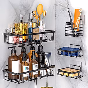 Crixny Shower Caddy, 5-Pack Shower Organizer No Drilling, Shower Shelves with Soap Holder and 18 Hooks, Rustproof Stainless Steel Shower Shelf for Inside Shower, Shower Rack for Shower Storage