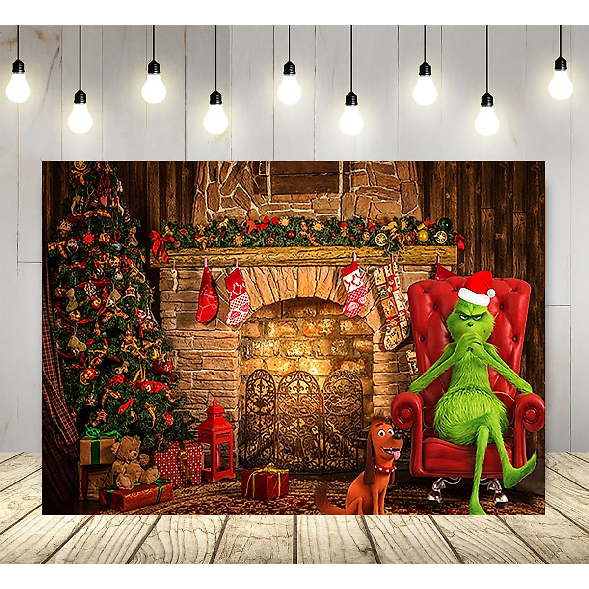 Retro Fireplace Backdrop for Christmas Party Supplies 5x3ft Grinch Red Sofa Photo Background Merry Christmas Photography Backdrop Grinchmas Banner