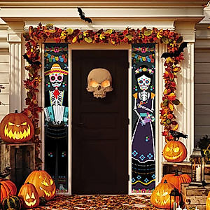 Day of the Dead Banner Decoration, 2 Pieces Dia De Los Muertos Porch Sign Mexico Welcome Hanging Wall Banner for Festival Halloween Indoor Outdoor Events Yard Supplies Decor 11.8 x 70.9 Inch
